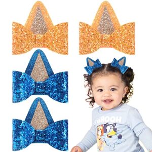 2 pairs blue dog ears and orange dog ear hair bow clips for toddler kids adult glitter bows halloween costume animal cosplay hair accessories birthday party supplies (blue+orange)