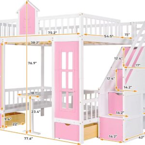 MERITLINE Full Loft Beds with Stairs and Desk, Wooden Castle Shaped Full Over Full Bunk Bed with Changeable Desk,Storage Bunk Bed with Drawers for Kids Girls Boys Teens, Pink