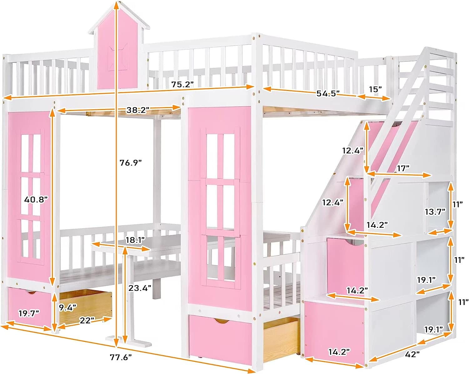 MERITLINE Full Loft Beds with Stairs and Desk, Wooden Castle Shaped Full Over Full Bunk Bed with Changeable Desk,Storage Bunk Bed with Drawers for Kids Girls Boys Teens, Pink