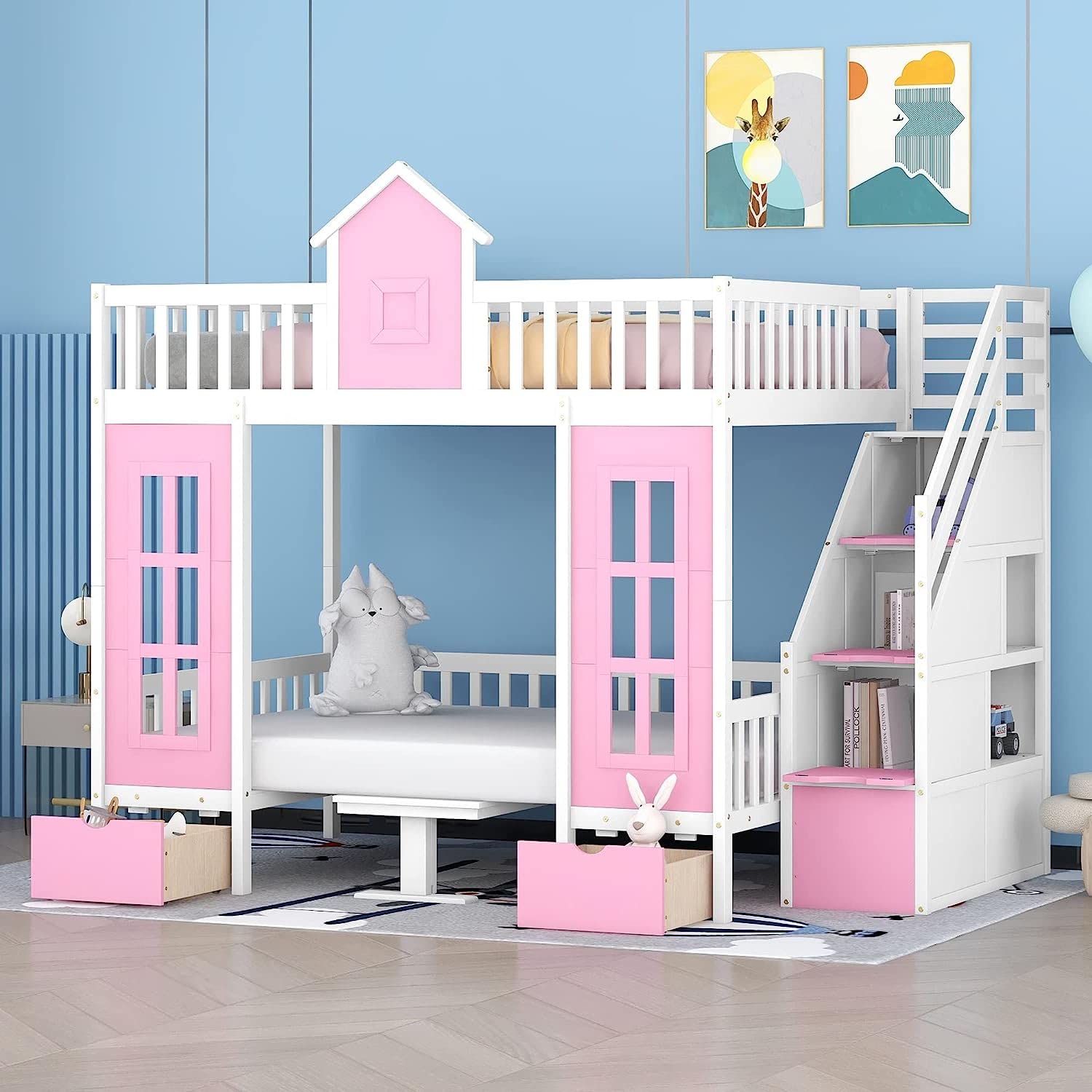 MERITLINE Full Loft Beds with Stairs and Desk, Wooden Castle Shaped Full Over Full Bunk Bed with Changeable Desk,Storage Bunk Bed with Drawers for Kids Girls Boys Teens, Pink