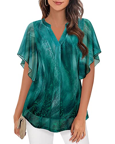 Timeson Blouses for Women Business Casual,long Tunic Tops to Wear with Leggings Short Sleeve Work Tops for Women Office Summer Loose Fitted No Iron Dressy Shirts Trendy Classy Swing Malachite Green XL