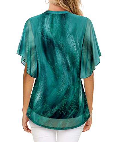 Timeson Blouses for Women Business Casual,long Tunic Tops to Wear with Leggings Short Sleeve Work Tops for Women Office Summer Loose Fitted No Iron Dressy Shirts Trendy Classy Swing Malachite Green XL