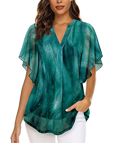 Timeson Blouses for Women Business Casual,long Tunic Tops to Wear with Leggings Short Sleeve Work Tops for Women Office Summer Loose Fitted No Iron Dressy Shirts Trendy Classy Swing Malachite Green XL