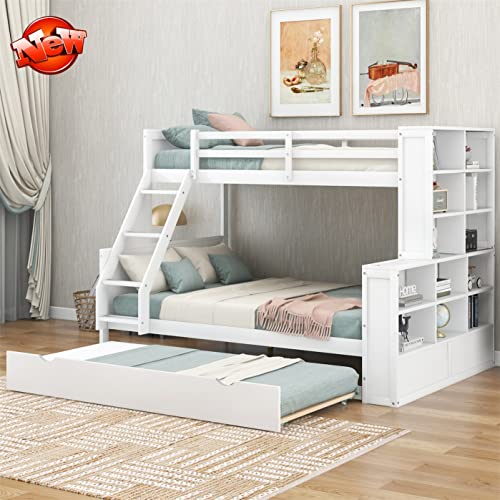 SNIFIT Upgraded Version & Stronger Solid Wood Convertible Bunk Bed Twin Over Full with Trundle & Storage Shelves, Thickened More Stable Wooden Twin Over Full Size Bunk Bed (Easier Assembly) (White)