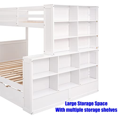 SNIFIT Upgraded Version & Stronger Solid Wood Convertible Bunk Bed Twin Over Full with Trundle & Storage Shelves, Thickened More Stable Wooden Twin Over Full Size Bunk Bed (Easier Assembly) (White)