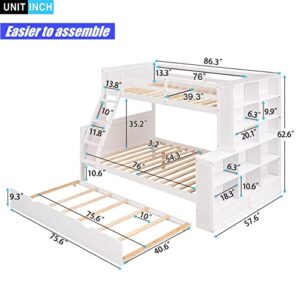 SNIFIT Upgraded Version & Stronger Solid Wood Convertible Bunk Bed Twin Over Full with Trundle & Storage Shelves, Thickened More Stable Wooden Twin Over Full Size Bunk Bed (Easier Assembly) (White)