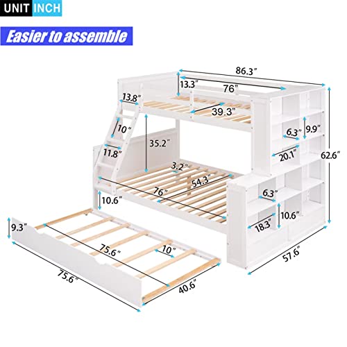 SNIFIT Upgraded Version & Stronger Solid Wood Convertible Bunk Bed Twin Over Full with Trundle & Storage Shelves, Thickened More Stable Wooden Twin Over Full Size Bunk Bed (Easier Assembly) (White)