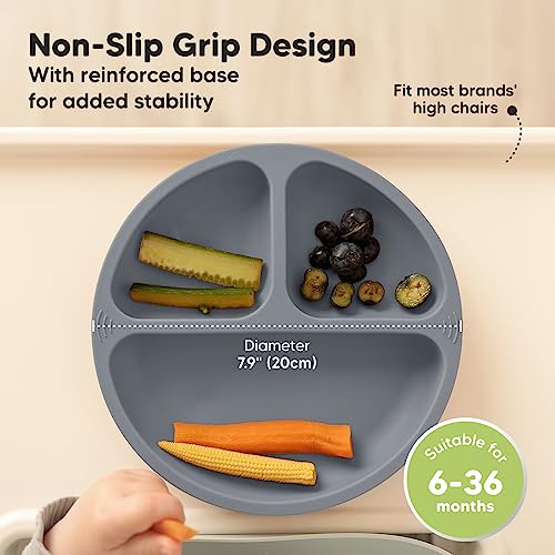 KeaBabies 3-Pack Suction Plates for Baby, Toddler - 100% Silicone Toddler Plates, Divided Baby Plates with Suction, Silicone Plates for Baby, Kids, BPA-Free, Microwave, Dishwasher Safe (Slate)