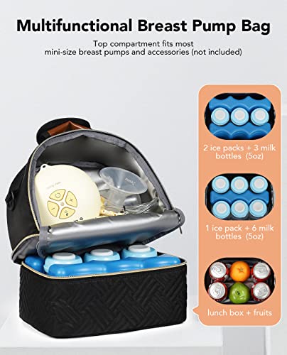 Lekereise Breast Pump Bag Backpack with Cooler, Wearable Pumping Bag with 2 Ice Packs Fits 6 Bottles, Portable Storage Bag for Work, Travel-Black