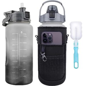 meperg 64 oz Water Bottles with Times to Drink, Motivational Reusable Half Gallon Water Bottle with Straw, Sleeve, Strap, Big BPA Free Water Jug with Time Marker for Sports