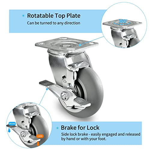 HANDSAMMU 5" x 2" Thermoplastic Rubber Wheels (Crown Tread)-Heavy Duty Casters- 400 Lbs Per Casters- No Noise Plate Caster for Furniture Platform Trucks Workbench (1 Pack Brake)