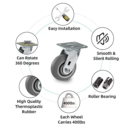 HANDSAMMU 5" x 2" Thermoplastic Rubber Wheels (Crown Tread)-Heavy Duty Casters- 400 Lbs Per Casters- No Noise Plate Caster for Furniture Platform Trucks Workbench (1 Pack Brake)