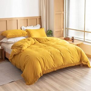 smoofy boho mustard yellow duvet cover king size, 3 pieces bohemian fringe tufted soft tassel microfiber duvet cover with zipper closure (1 duvet cover, 2 pillowcases)