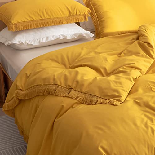 Smoofy Boho Mustard Yellow Duvet Cover King Size, 3 Pieces Bohemian Fringe Tufted Soft Tassel Microfiber Duvet Cover with Zipper Closure (1 Duvet Cover, 2 Pillowcases)