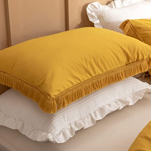 Smoofy Boho Mustard Yellow Duvet Cover King Size, 3 Pieces Bohemian Fringe Tufted Soft Tassel Microfiber Duvet Cover with Zipper Closure (1 Duvet Cover, 2 Pillowcases)