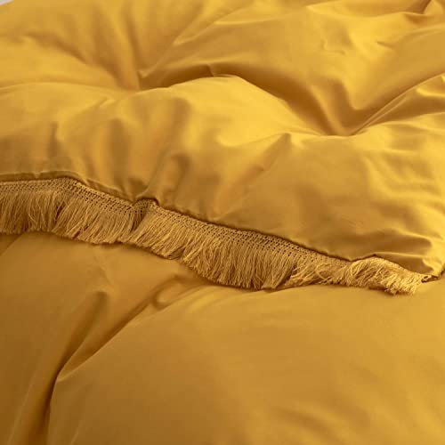 Smoofy Boho Mustard Yellow Duvet Cover King Size, 3 Pieces Bohemian Fringe Tufted Soft Tassel Microfiber Duvet Cover with Zipper Closure (1 Duvet Cover, 2 Pillowcases)