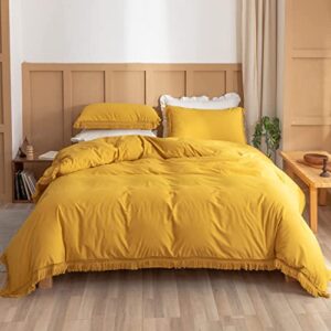 Smoofy Boho Mustard Yellow Duvet Cover King Size, 3 Pieces Bohemian Fringe Tufted Soft Tassel Microfiber Duvet Cover with Zipper Closure (1 Duvet Cover, 2 Pillowcases)