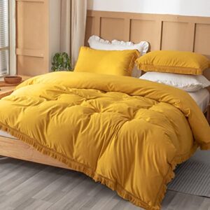 Smoofy Boho Mustard Yellow Duvet Cover King Size, 3 Pieces Bohemian Fringe Tufted Soft Tassel Microfiber Duvet Cover with Zipper Closure (1 Duvet Cover, 2 Pillowcases)