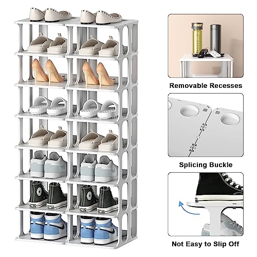 White Shoe Rack Organizer 8 Tier Narrow Shoe Rack for Closet, Durable Modern Shoe Stand Stacker, Free Standing Shoe Racks Vertical Small Entryway Hallway Shelf, Easy Assembly Shoe Tower Rack