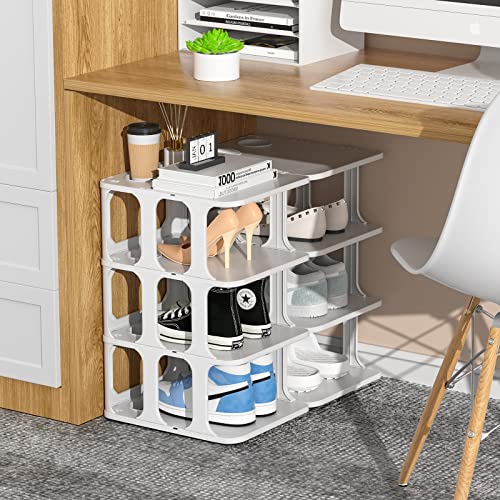 White Shoe Rack Organizer 8 Tier Narrow Shoe Rack for Closet, Durable Modern Shoe Stand Stacker, Free Standing Shoe Racks Vertical Small Entryway Hallway Shelf, Easy Assembly Shoe Tower Rack