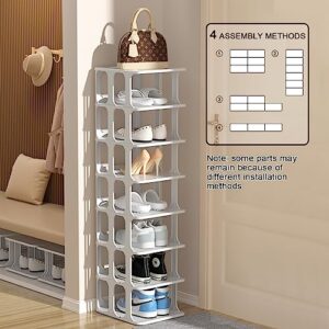 White Shoe Rack Organizer 8 Tier Narrow Shoe Rack for Closet, Durable Modern Shoe Stand Stacker, Free Standing Shoe Racks Vertical Small Entryway Hallway Shelf, Easy Assembly Shoe Tower Rack