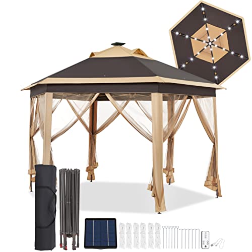 Yaheetech 13′ × 13′ Pop-Up Patio Gazebo Tent W/Mesh Netting Sides & 25 Solar LED Lights, Hexagonal Double Vented 3 Height Adjustable Gazebo with Storage Bag for Backyard, Garden, Lawn, Khaki & Brown