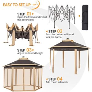 Yaheetech 13′ × 13′ Pop-Up Patio Gazebo Tent W/Mesh Netting Sides & 25 Solar LED Lights, Hexagonal Double Vented 3 Height Adjustable Gazebo with Storage Bag for Backyard, Garden, Lawn, Khaki & Brown