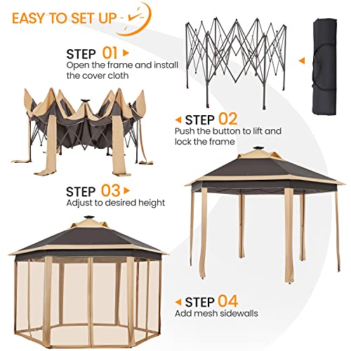 Yaheetech 13′ × 13′ Pop-Up Patio Gazebo Tent W/Mesh Netting Sides & 25 Solar LED Lights, Hexagonal Double Vented 3 Height Adjustable Gazebo with Storage Bag for Backyard, Garden, Lawn, Khaki & Brown