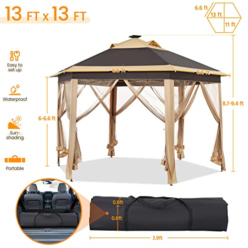 Yaheetech 13′ × 13′ Pop-Up Patio Gazebo Tent W/Mesh Netting Sides & 25 Solar LED Lights, Hexagonal Double Vented 3 Height Adjustable Gazebo with Storage Bag for Backyard, Garden, Lawn, Khaki & Brown