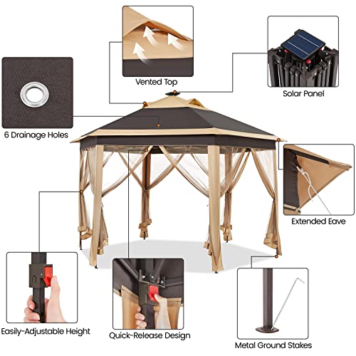 Yaheetech 13′ × 13′ Pop-Up Patio Gazebo Tent W/Mesh Netting Sides & 25 Solar LED Lights, Hexagonal Double Vented 3 Height Adjustable Gazebo with Storage Bag for Backyard, Garden, Lawn, Khaki & Brown