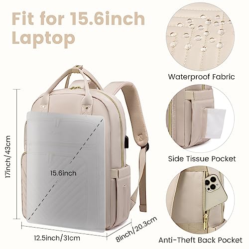 LOVEVOOK Laptop Backpack Women Teacher Backpack,15.6 Inch Laptop Bag with USB Port,Waterproof Daypack for Work Travel Antiquewhite