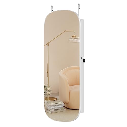 SONGMICS Jewelry Organizer, LED Jewelry Cabinet Wall/Door Mounted, Lockable Rounded Wide Mirror with Storage, Interior Mirror, 3.9 x 16.5 x 42.5 Inches, White Surface with Greige Lining UJJC026W01