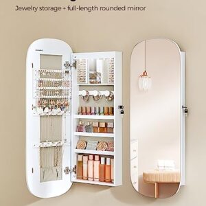 SONGMICS Jewelry Organizer, LED Jewelry Cabinet Wall/Door Mounted, Lockable Rounded Wide Mirror with Storage, Interior Mirror, 3.9 x 16.5 x 42.5 Inches, White Surface with Greige Lining UJJC026W01