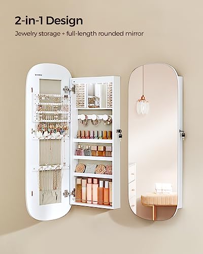 SONGMICS Jewelry Organizer, LED Jewelry Cabinet Wall/Door Mounted, Lockable Rounded Wide Mirror with Storage, Interior Mirror, 3.9 x 16.5 x 42.5 Inches, White Surface with Greige Lining UJJC026W01