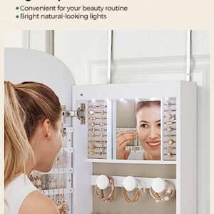 SONGMICS Jewelry Organizer, LED Jewelry Cabinet Wall/Door Mounted, Lockable Rounded Wide Mirror with Storage, Interior Mirror, 3.9 x 16.5 x 42.5 Inches, White Surface with Greige Lining UJJC026W01