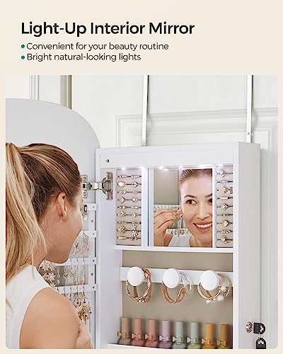 SONGMICS Jewelry Organizer, LED Jewelry Cabinet Wall/Door Mounted, Lockable Rounded Wide Mirror with Storage, Interior Mirror, 3.9 x 16.5 x 42.5 Inches, White Surface with Greige Lining UJJC026W01