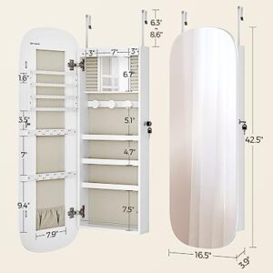 SONGMICS Jewelry Organizer, LED Jewelry Cabinet Wall/Door Mounted, Lockable Rounded Wide Mirror with Storage, Interior Mirror, 3.9 x 16.5 x 42.5 Inches, White Surface with Greige Lining UJJC026W01