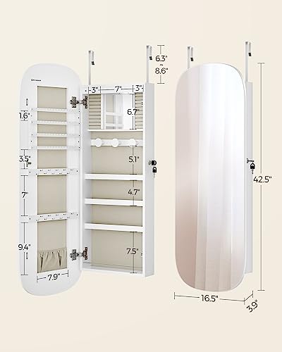 SONGMICS Jewelry Organizer, LED Jewelry Cabinet Wall/Door Mounted, Lockable Rounded Wide Mirror with Storage, Interior Mirror, 3.9 x 16.5 x 42.5 Inches, White Surface with Greige Lining UJJC026W01