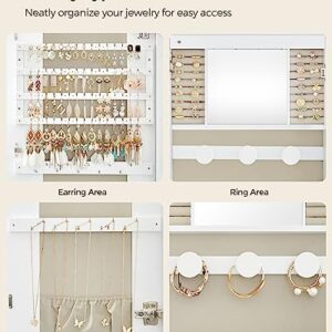 SONGMICS Jewelry Organizer, LED Jewelry Cabinet Wall/Door Mounted, Lockable Rounded Wide Mirror with Storage, Interior Mirror, 3.9 x 16.5 x 42.5 Inches, White Surface with Greige Lining UJJC026W01