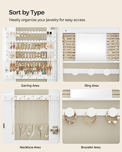 SONGMICS Jewelry Organizer, LED Jewelry Cabinet Wall/Door Mounted, Lockable Rounded Wide Mirror with Storage, Interior Mirror, 3.9 x 16.5 x 42.5 Inches, White Surface with Greige Lining UJJC026W01