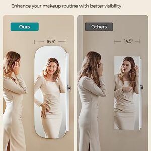 SONGMICS Jewelry Organizer, LED Jewelry Cabinet Wall/Door Mounted, Lockable Rounded Wide Mirror with Storage, Interior Mirror, 3.9 x 16.5 x 42.5 Inches, White Surface with Greige Lining UJJC026W01