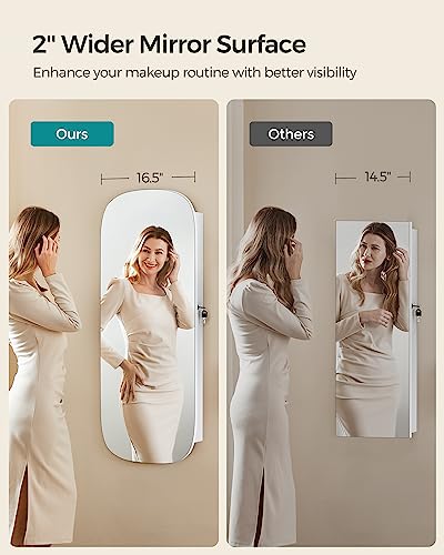 SONGMICS Jewelry Organizer, LED Jewelry Cabinet Wall/Door Mounted, Lockable Rounded Wide Mirror with Storage, Interior Mirror, 3.9 x 16.5 x 42.5 Inches, White Surface with Greige Lining UJJC026W01