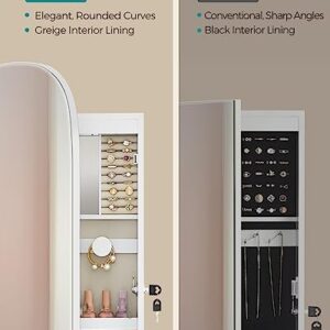 SONGMICS Jewelry Organizer, LED Jewelry Cabinet Wall/Door Mounted, Lockable Rounded Wide Mirror with Storage, Interior Mirror, 3.9 x 16.5 x 42.5 Inches, White Surface with Greige Lining UJJC026W01