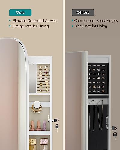 SONGMICS Jewelry Organizer, LED Jewelry Cabinet Wall/Door Mounted, Lockable Rounded Wide Mirror with Storage, Interior Mirror, 3.9 x 16.5 x 42.5 Inches, White Surface with Greige Lining UJJC026W01