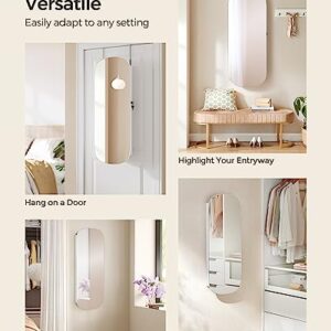 SONGMICS Jewelry Organizer, LED Jewelry Cabinet Wall/Door Mounted, Lockable Rounded Wide Mirror with Storage, Interior Mirror, 3.9 x 16.5 x 42.5 Inches, White Surface with Greige Lining UJJC026W01