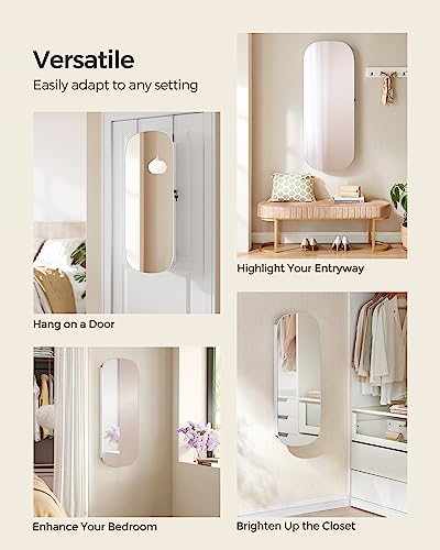 SONGMICS Jewelry Organizer, LED Jewelry Cabinet Wall/Door Mounted, Lockable Rounded Wide Mirror with Storage, Interior Mirror, 3.9 x 16.5 x 42.5 Inches, White Surface with Greige Lining UJJC026W01