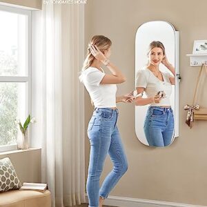 SONGMICS Jewelry Organizer, LED Jewelry Cabinet Wall/Door Mounted, Lockable Rounded Wide Mirror with Storage, Interior Mirror, 3.9 x 16.5 x 42.5 Inches, White Surface with Greige Lining UJJC026W01