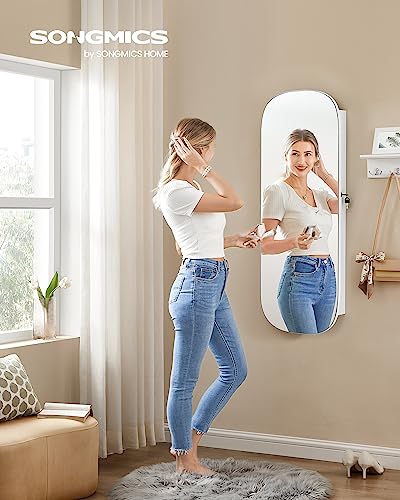 SONGMICS Jewelry Organizer, LED Jewelry Cabinet Wall/Door Mounted, Lockable Rounded Wide Mirror with Storage, Interior Mirror, 3.9 x 16.5 x 42.5 Inches, White Surface with Greige Lining UJJC026W01