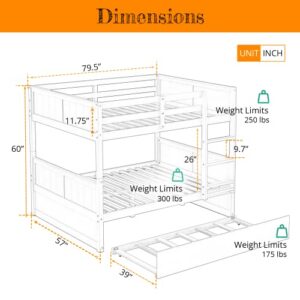 AOCOROE Full Over Full Bunk Beds with Trundle, 3 Beds Full Bunk Bed for Kids,Sturdy Wood Stackable Full Over Bunk Bed Frame for Kids Room,White