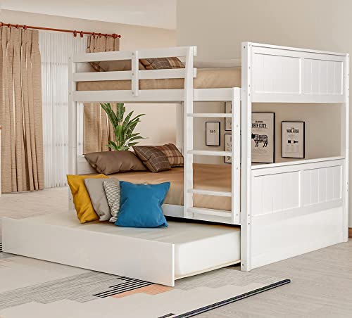 AOCOROE Full Over Full Bunk Beds with Trundle, 3 Beds Full Bunk Bed for Kids,Sturdy Wood Stackable Full Over Bunk Bed Frame for Kids Room,White